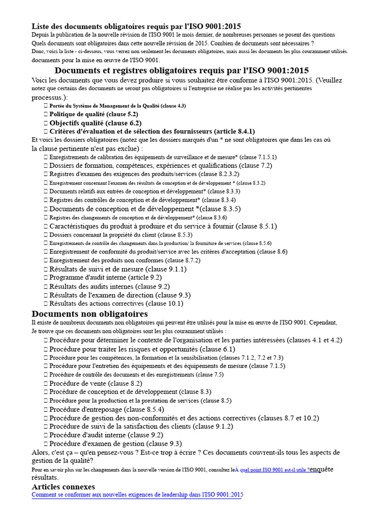 Documents obligatoires ISO 9001:2015 | PDF | Système de management de ...