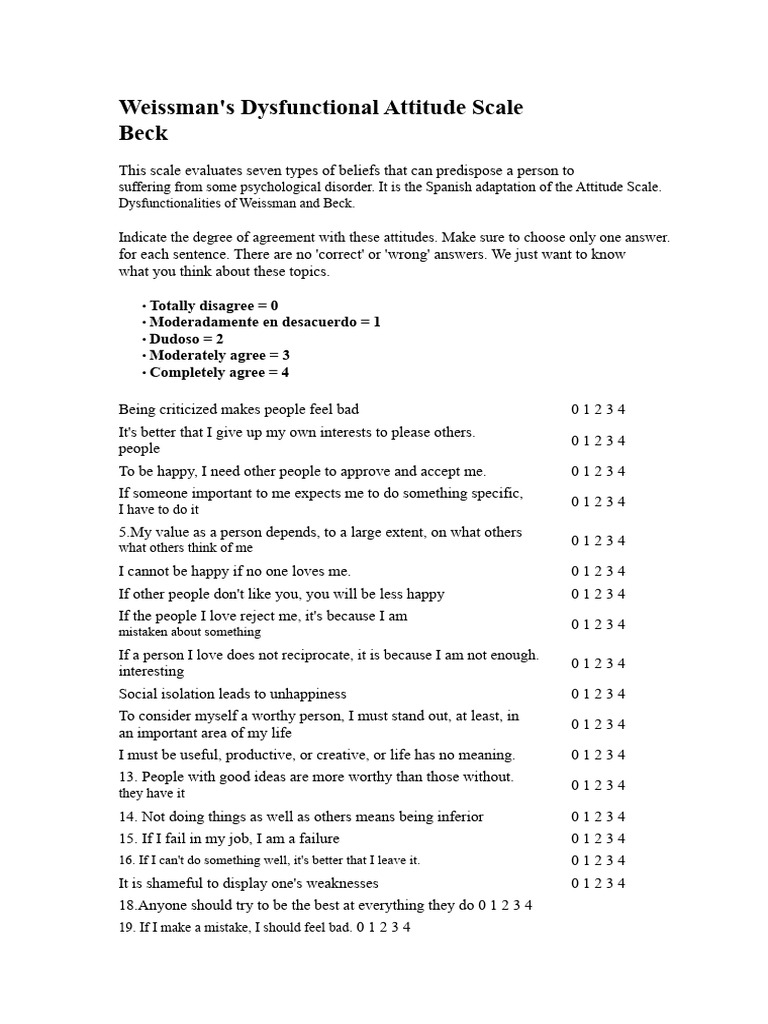 Weissman's Dysfunctional Attitude Scale | PDF | Self Esteem | Psychology