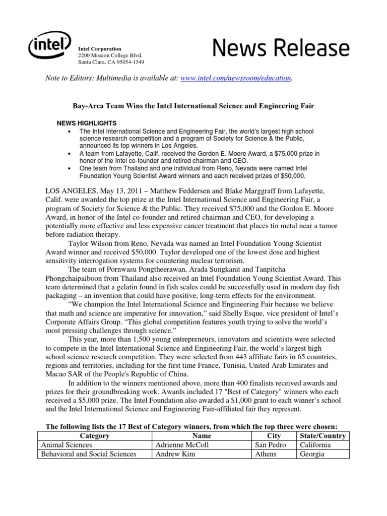 ISEF 2011 Winners Release Template 5 12 11 - FINAL | PDF | Intel | Science