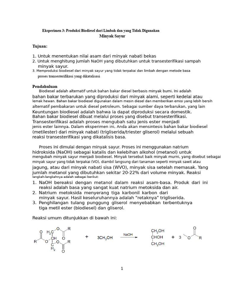 Produksi Biodiesel Dari Minyak Nabati dan Minyak Goreng Bekas-lab 1 | PDF