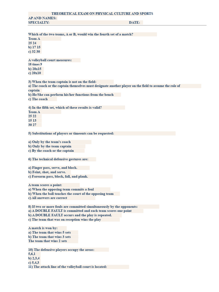 Volleyball and Sports Exam Questions | PDF | Track And Field | Volleyball