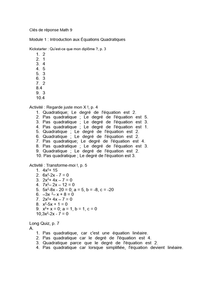 Clés de réponse pour Équations Quadratiques | PDF
