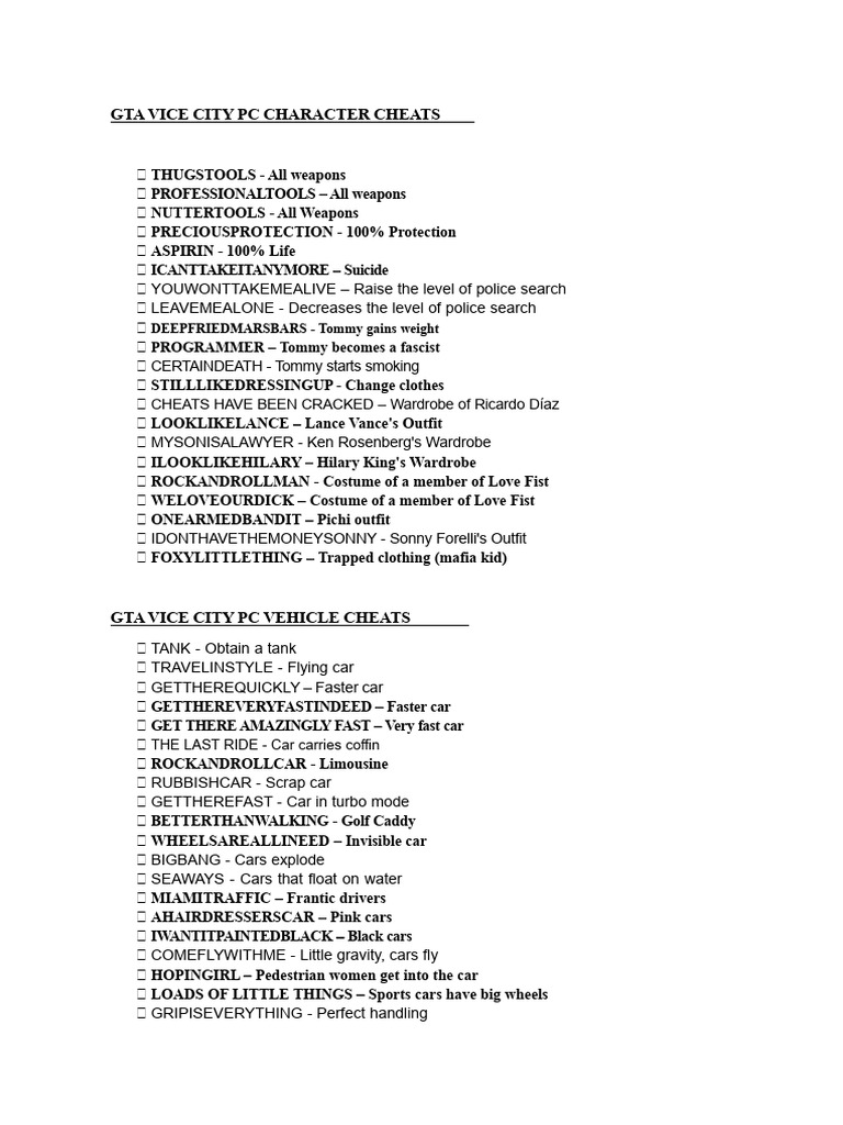 GTA Vice City PC Cheat Codes Guide | PDF