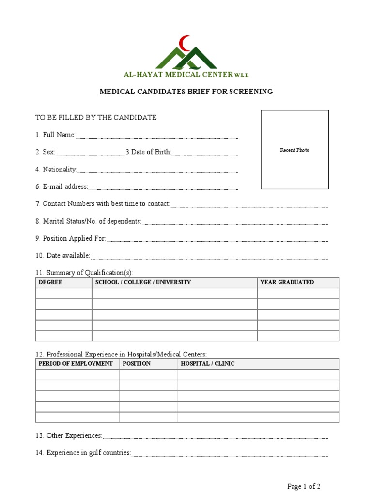 Al-Hayat Medical Center Candidate Form | PDF