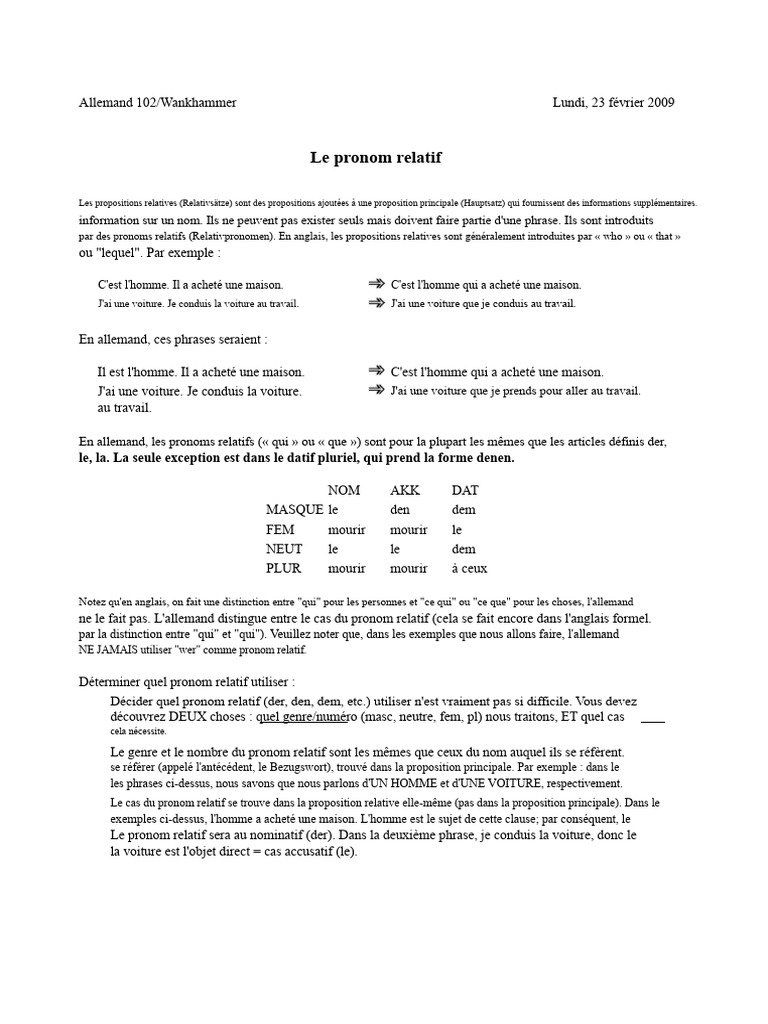 Pronoms relatifs en allemand | PDF | Pronom | Clause