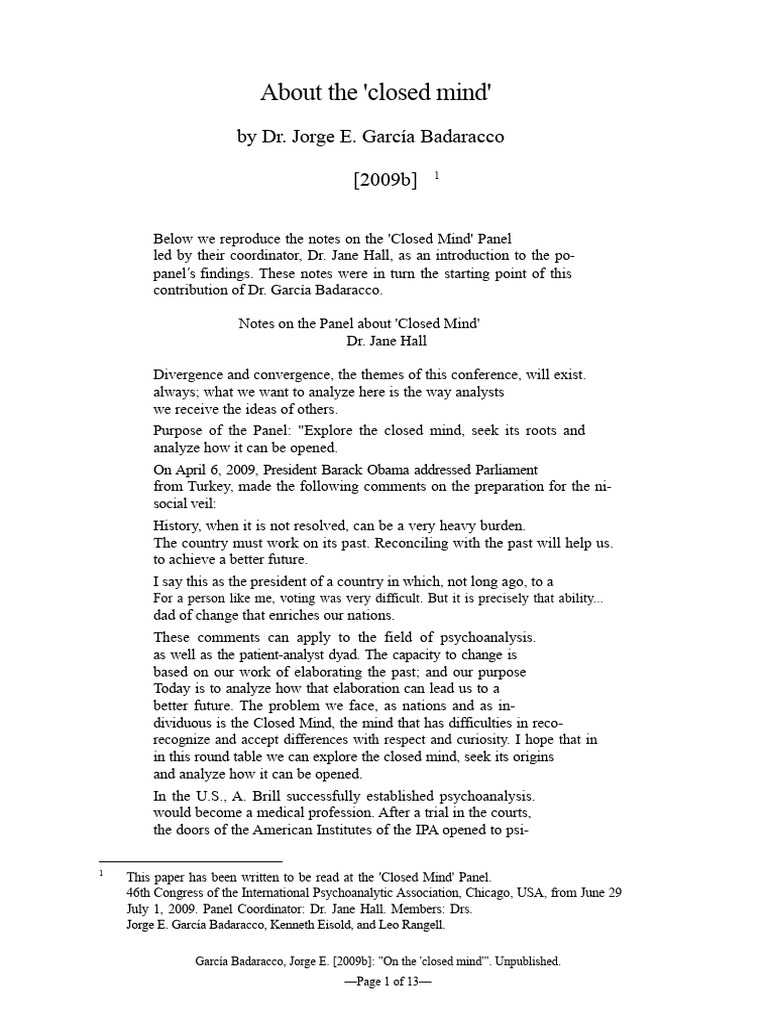 Understanding the Closed Mind in Psychoanalysis | PDF | Psychoanalysis ...