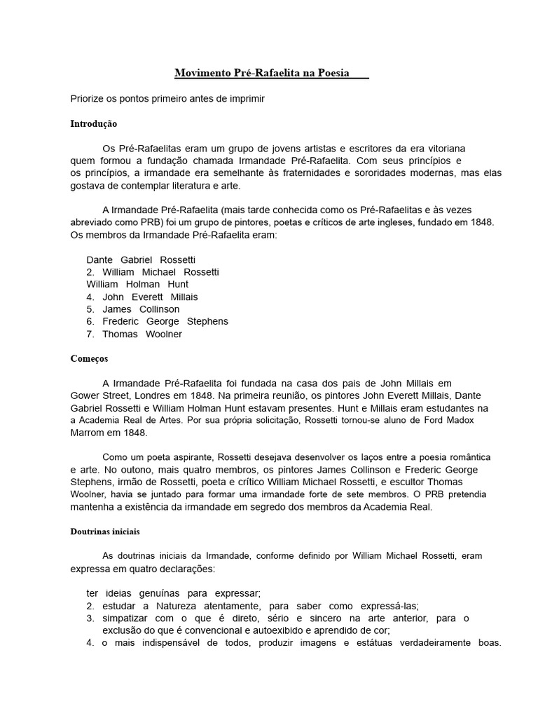 Poesia e Movimento Pré-Rafaelita | PDF | Irmandade pré-Rafaelita | As artes