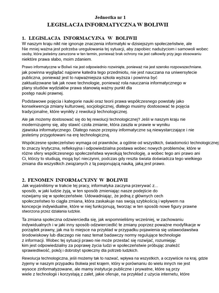 Temat 1: Legislacja Informatyczna W Boliwii | PDF