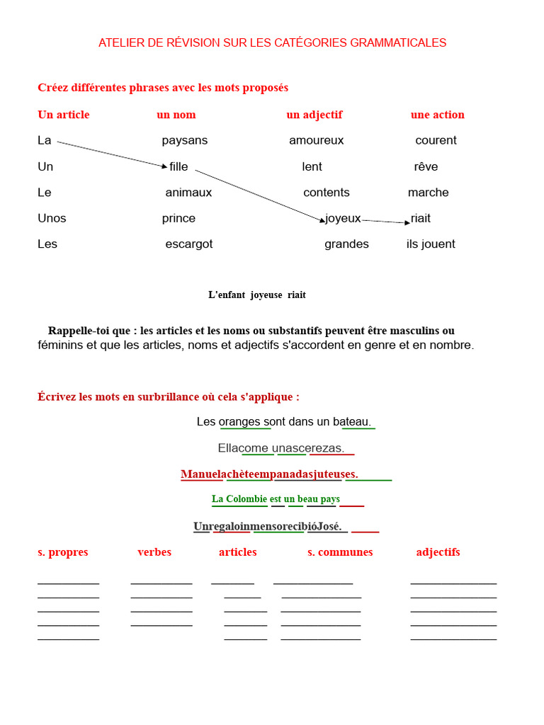 Atelier de Révisions Sur Les Catégories Grammaticales PDF | PDF ...