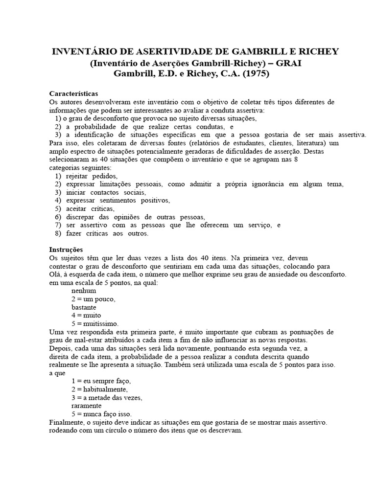 Inventário de Assertividade de Gambrill e Richey | PDF | Ansiedade