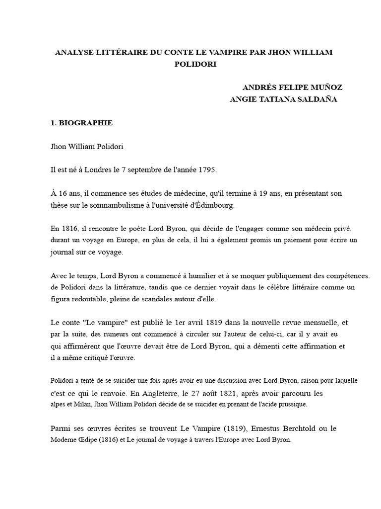 Analyse du conte "Le Vampire" de Polidori | PDF | Le Vampire (nouvelle ...