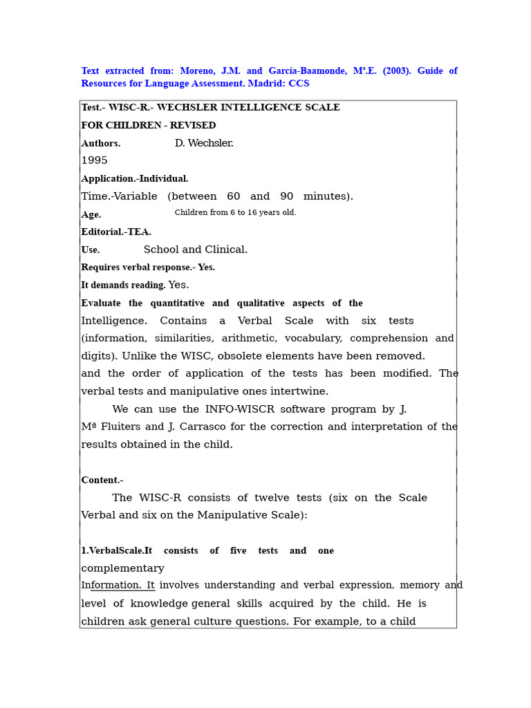 WISC-R Test Overview and Application | PDF | Wechsler Adult ...