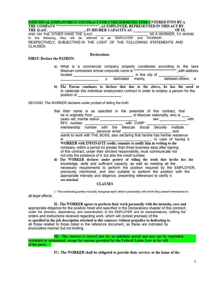 Employment Contract for Indefinite Term | PDF | Employment | Working Time