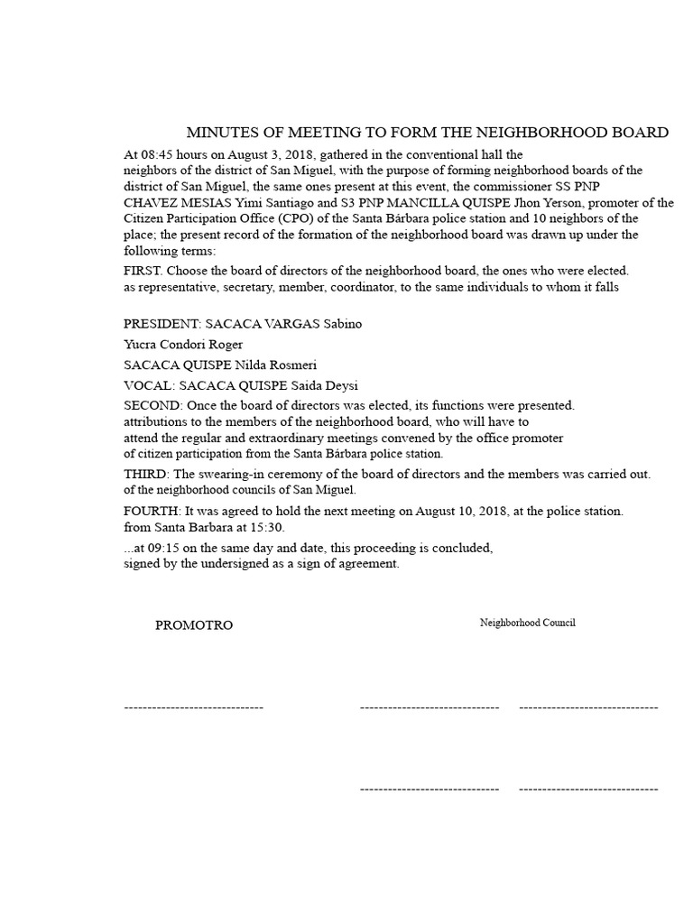 Meeting Minutes To Form The Neighborhood Council | PDF | Government ...
