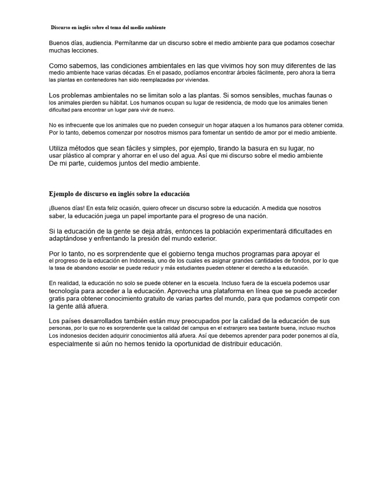 Discurso en inglés sobre el tema del medio ambiente | PDF | Entorno ...