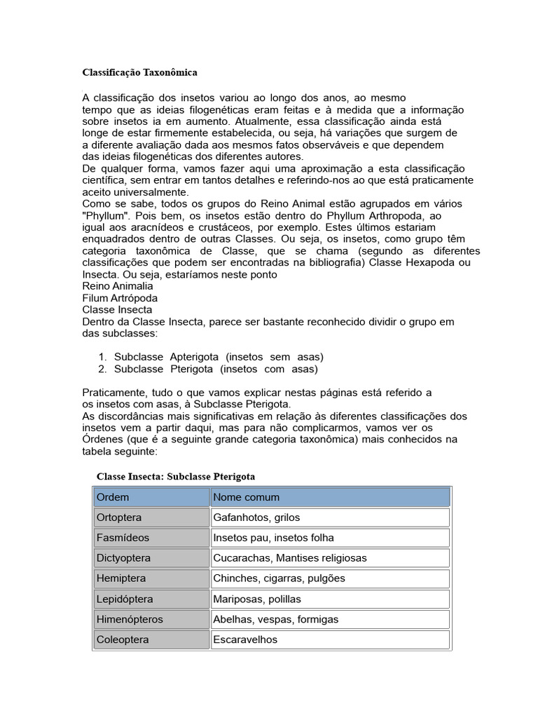 Classificação dos Insetos: Taxonomia e Anatomia | PDF | Insetos | Hexapoda