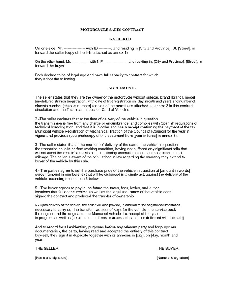 Motorcycle Sale Agreement Contract | PDF | Taxes | Receipt