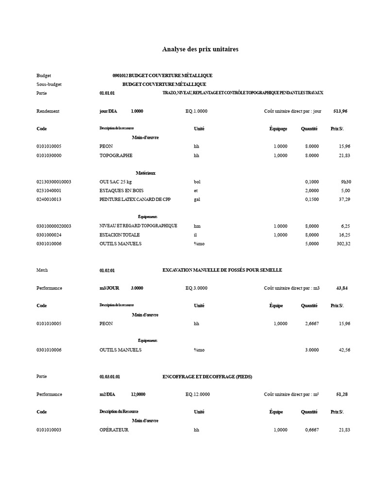 Analyse des Coûts Unitaires de Construction | PDF | Substances ...