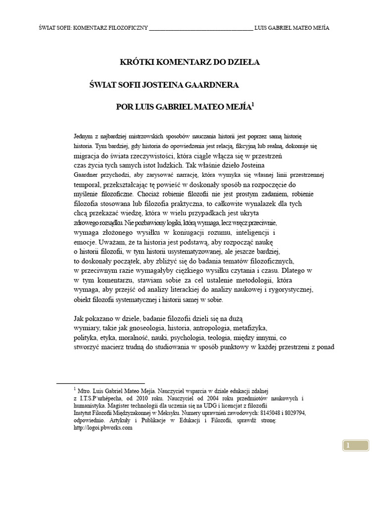 71-Komentarz Do Dzieła Josteina Gaardera "Świat Sofii" | PDF