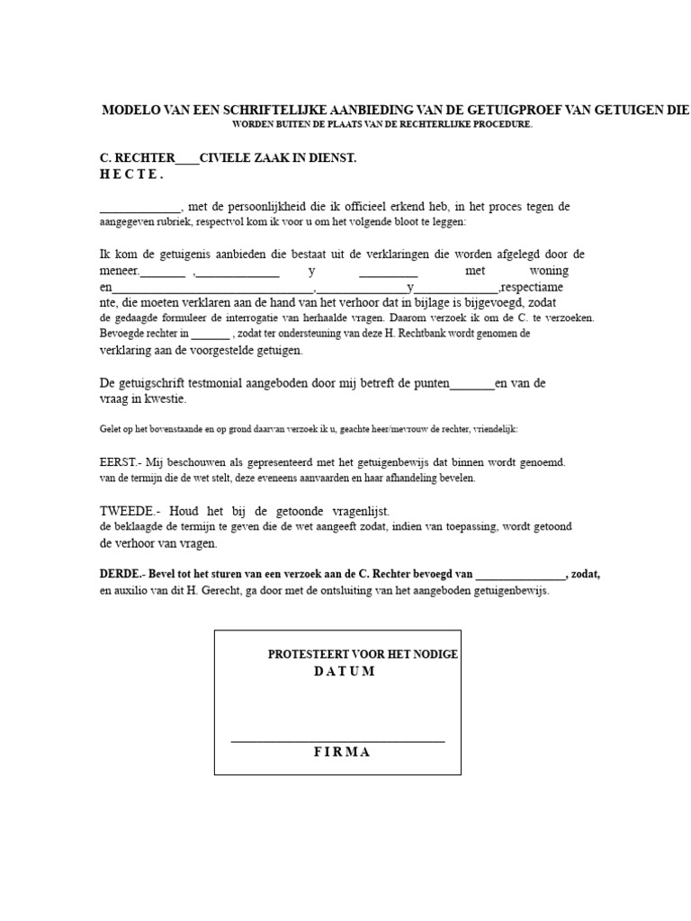 Model Van Schriftwaarbij de Tuigenbewijs Van Tuigen Die Buiten de ...