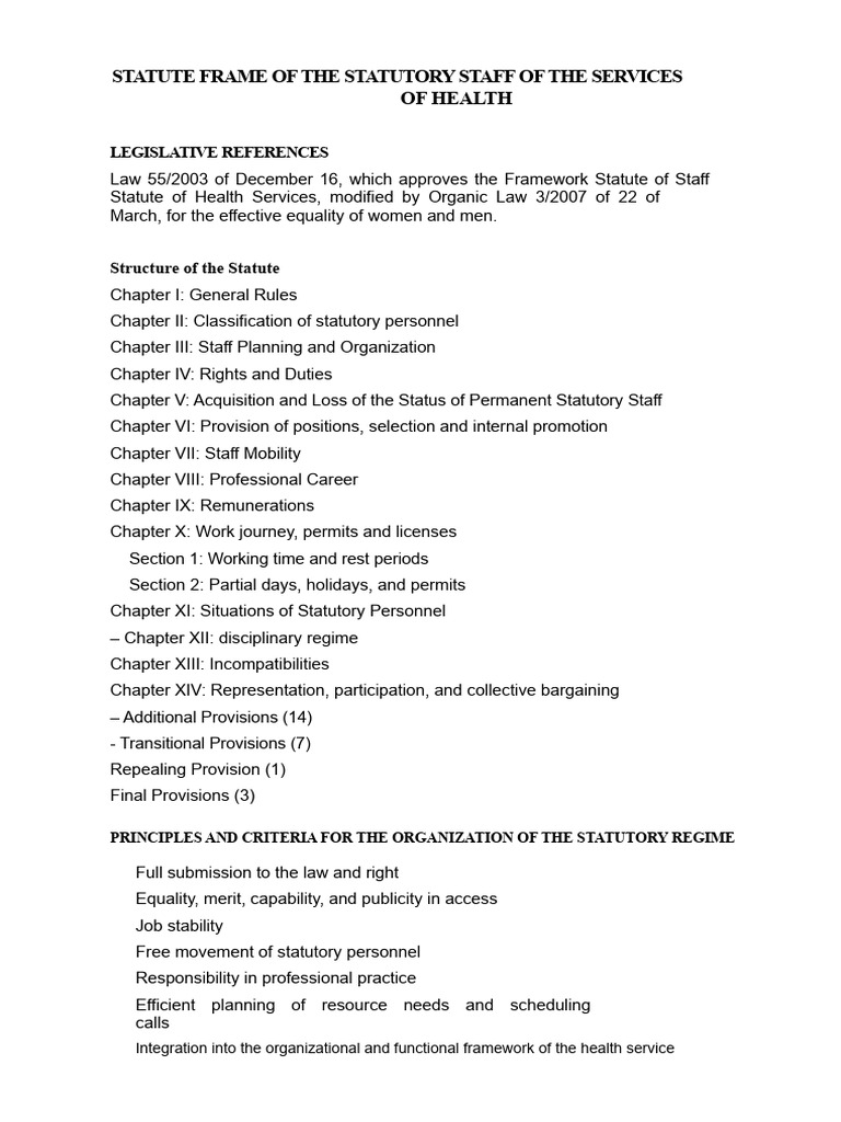 Summary of The Framework Statute For Statutory Personnel (Law 55-2003 ...
