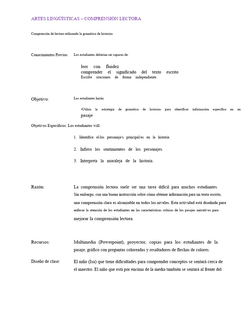 Comprensión de Lectura Utilizando La Gramática de La Historia | PDF ...