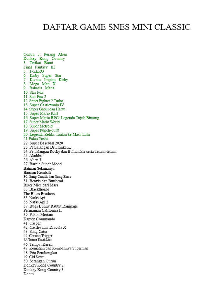 Daftar Permainan Snes Mini PDF | PDF