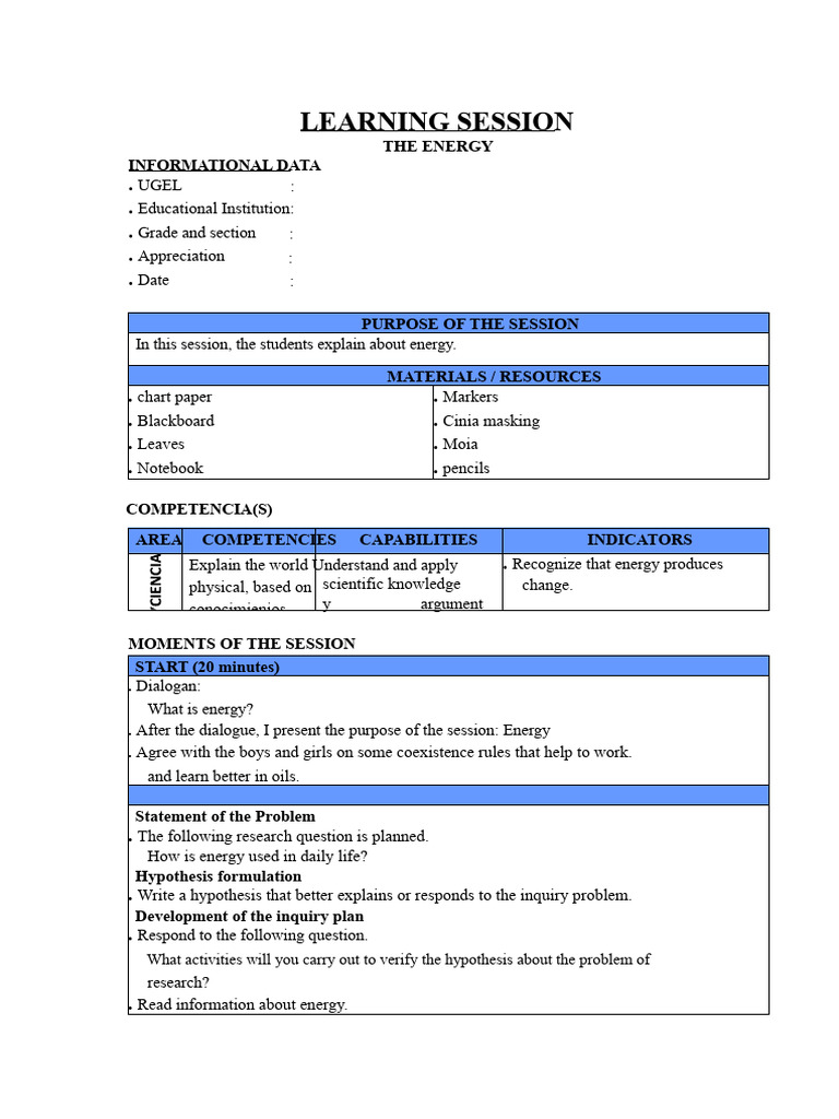 Learning Session On Energy | PDF | Hypothesis | Inquiry