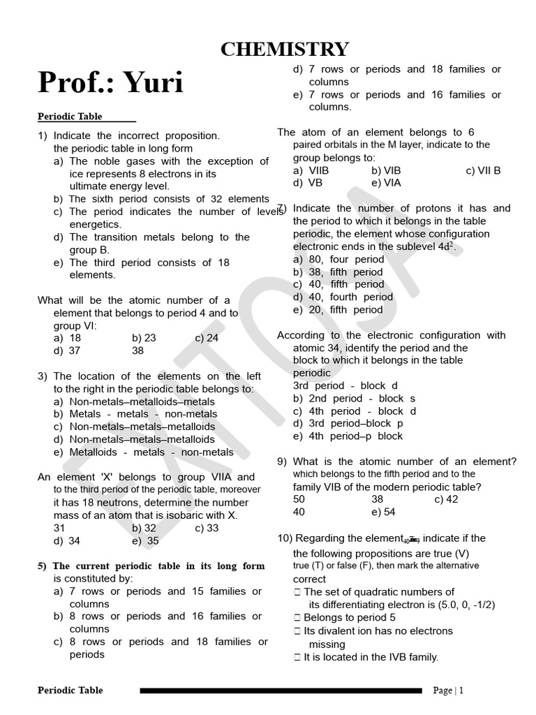 Periodic Table Exercises | PDF | Periodic Table | Electron Configuration