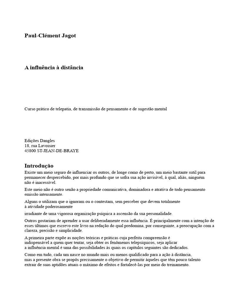 Jagot Paul-Clement - A influência à distância | PDF | Pensamento | Hipnose