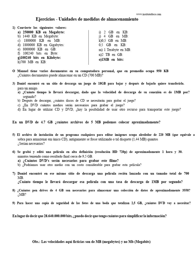 Ejercicios de Conversión de Medidas de Almacenamiento | PDF | Disco ...