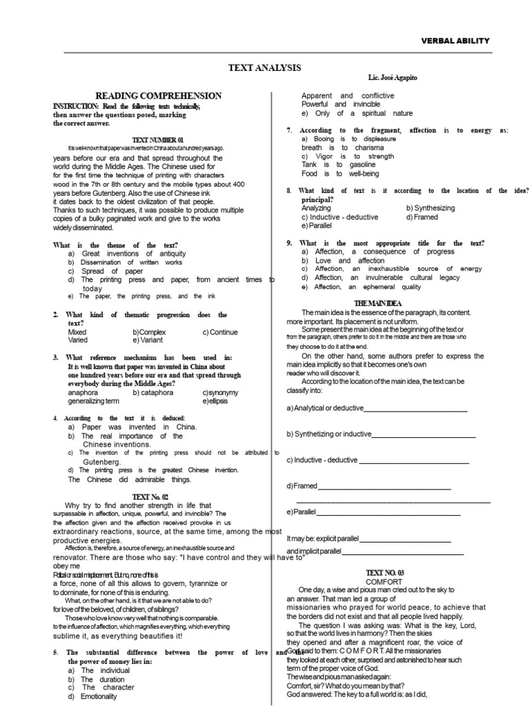 Verbal Ability and Text Analysis Guide | PDF | Inductive Reasoning ...