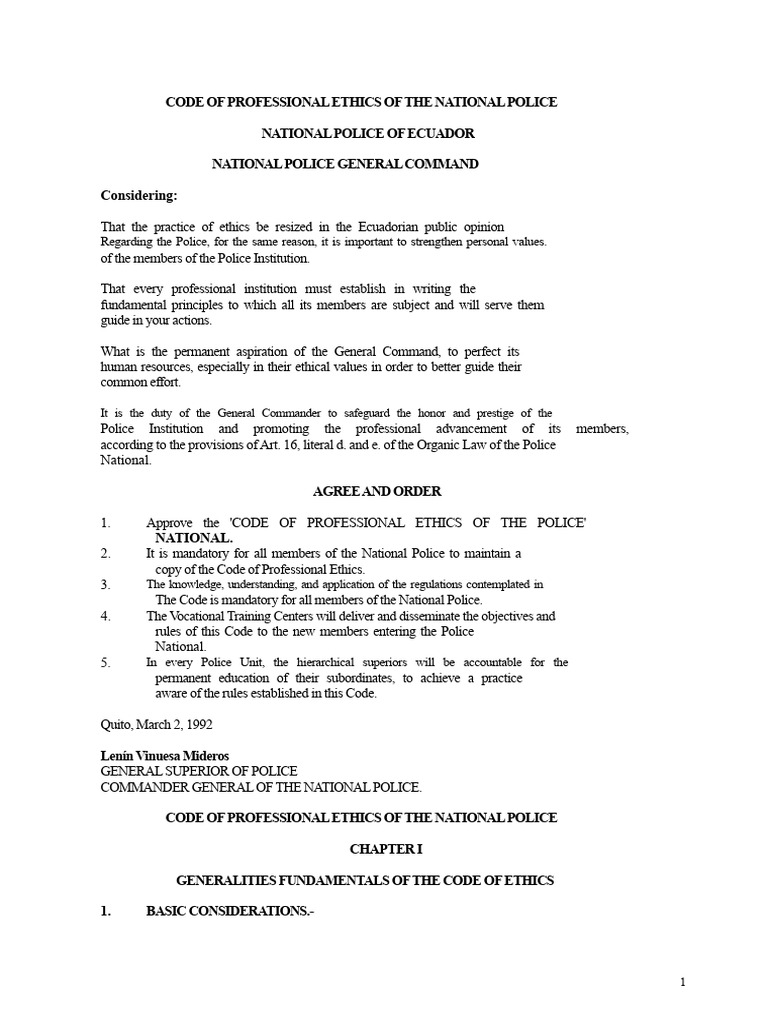 Code of Professional Ethics of The National Police of Ecuador | PDF ...