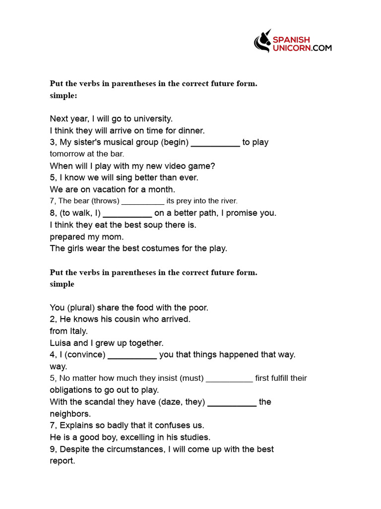 Future Tense Verb Exercises | PDF