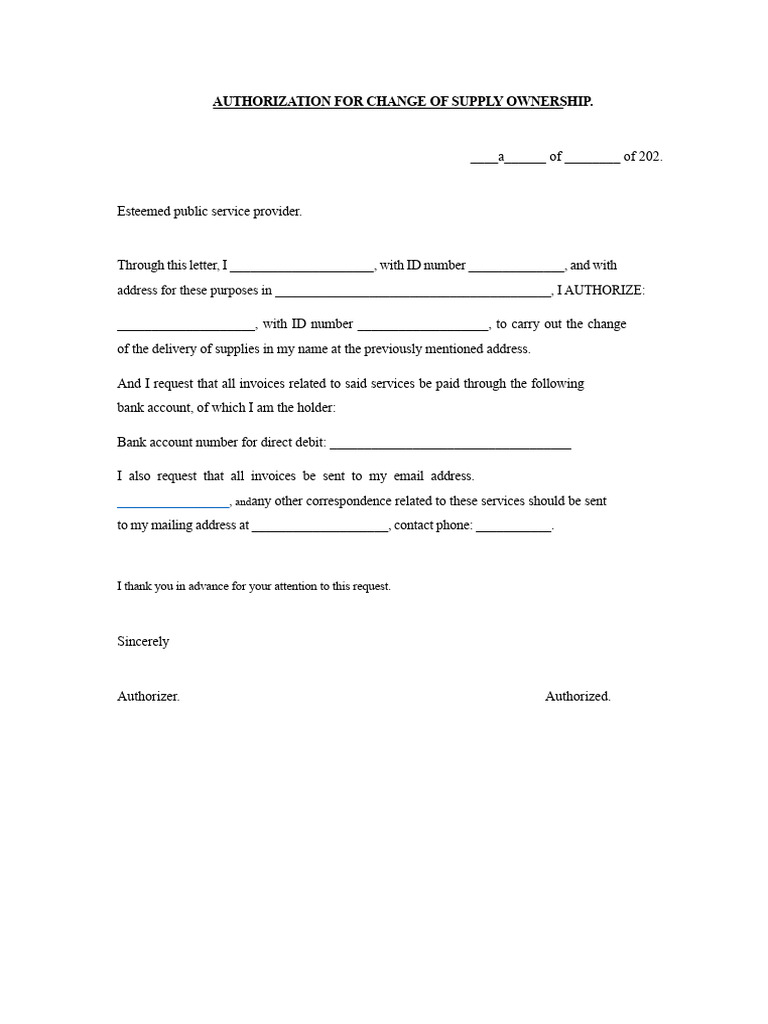 Supply Ownership Change Authorization Form | PDF