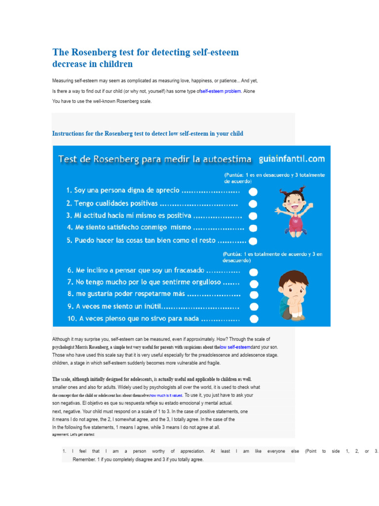 The Rosenberg Test To Detect Low Self-Esteem in Children | PDF | Self ...