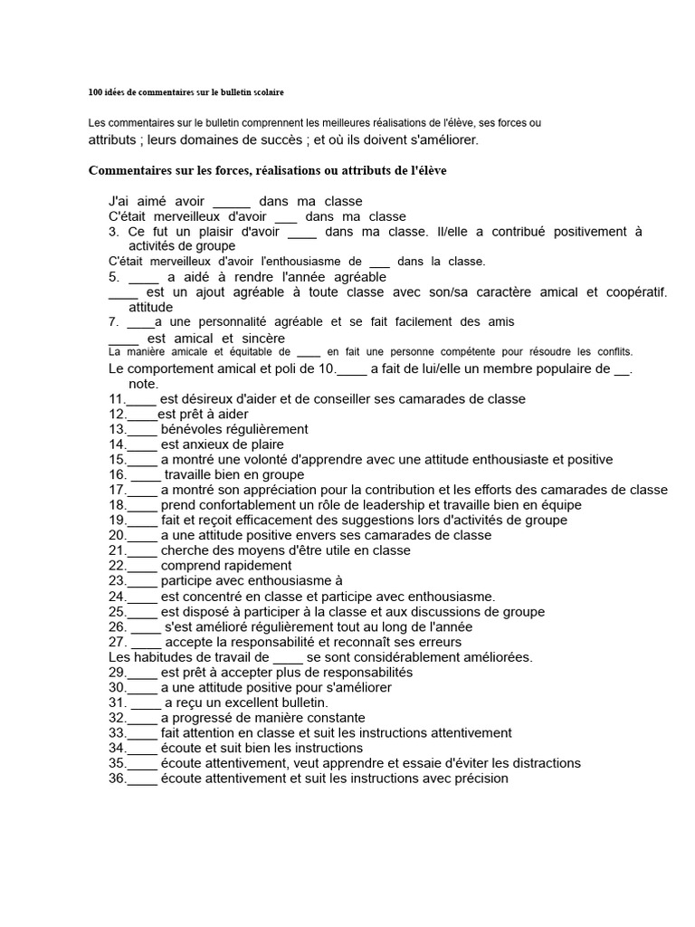 100 Idées de Commentaires de Bulletin Scolaire | PDF | Mathématiques