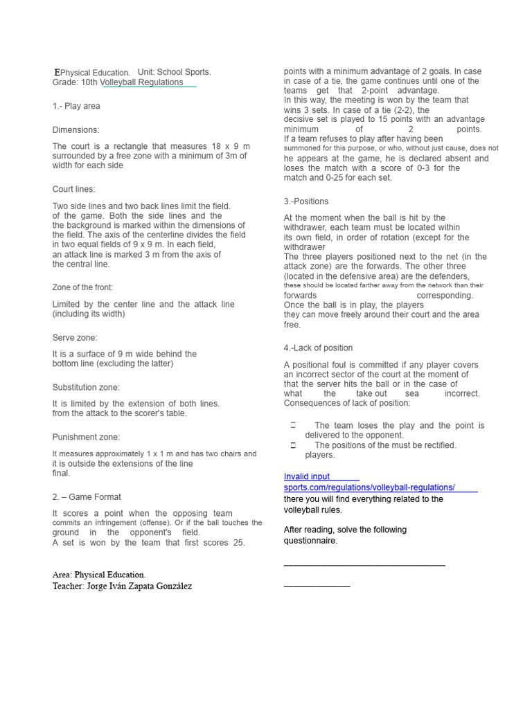 READING AND ICFES TYPE QUESTIONNAIRE ABOUT VOLLEYBALL GRADE 10 ACTIVITY ...