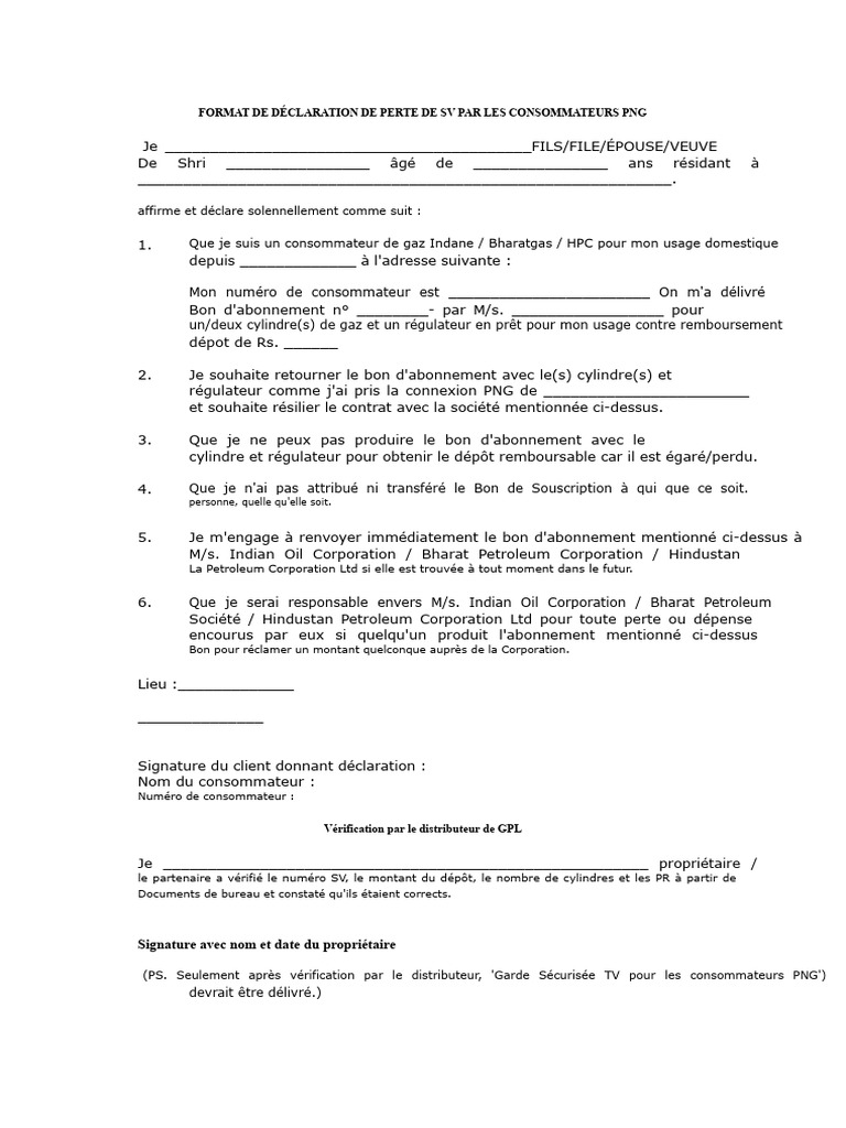 Déclaration de perte de bon PNG | PDF
