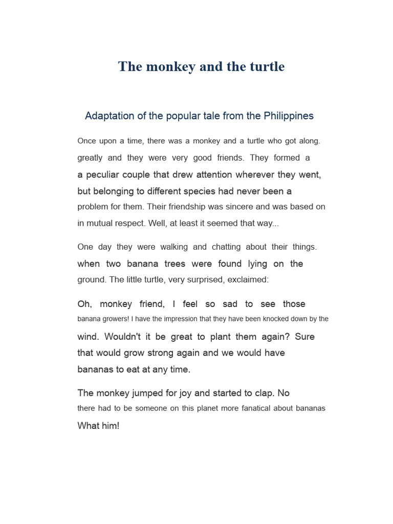 The Monkey and the Turtle: A Tale of Friendship | PDF