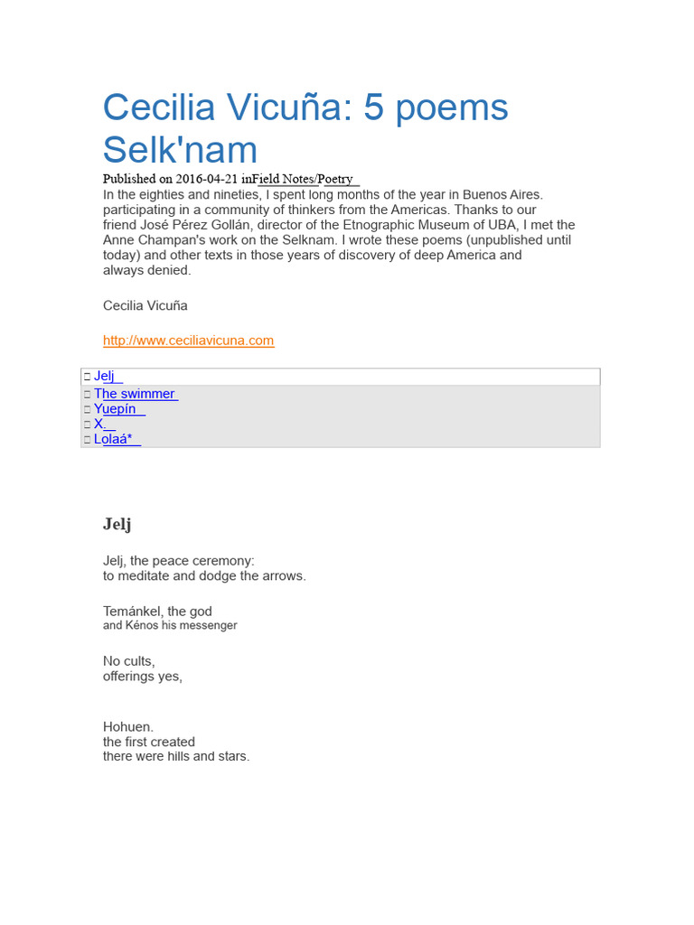 Selk'nam Poetry by Cecilia Vicuña | PDF | Indigenous Peoples Of The ...