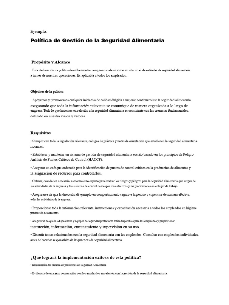 Política de Gestión de Seguridad Alimentaria (HACCP) | PDF | Valores | La seguridad informática