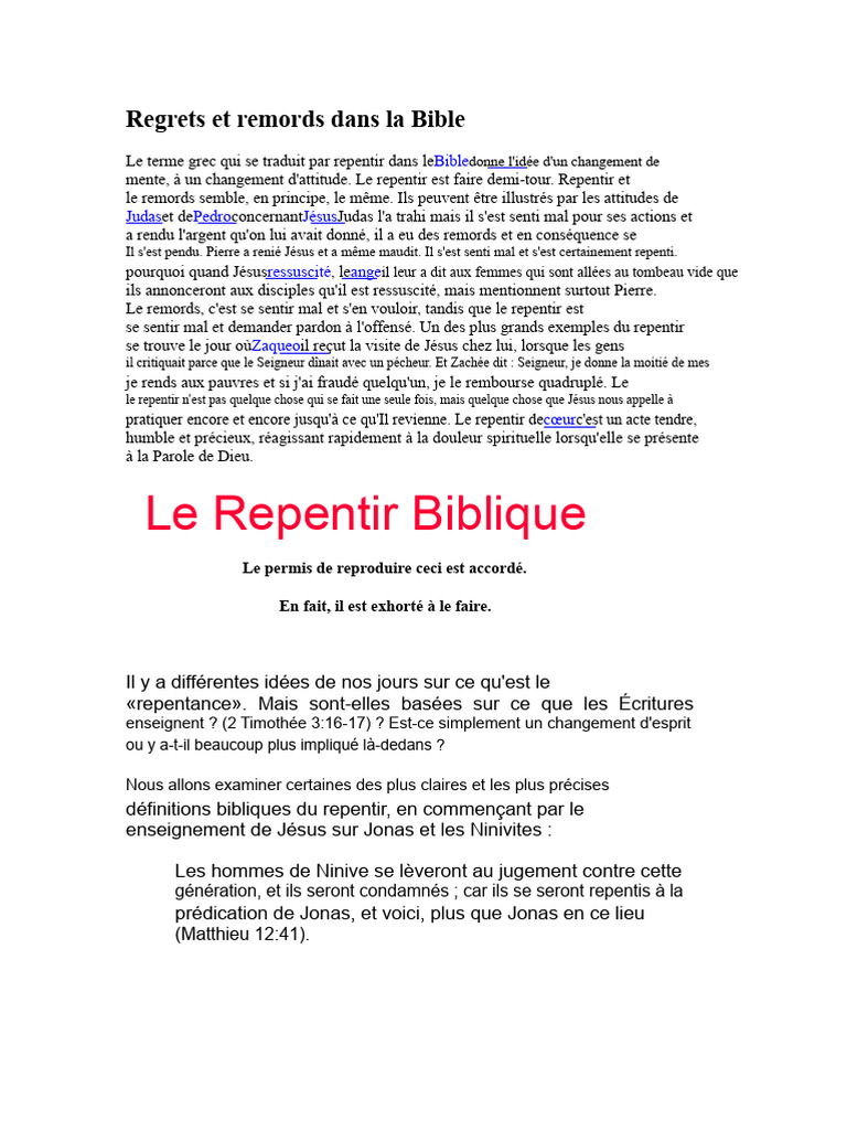 Regrets et Repentir dans la Bible | PDF | Pardon | Épître aux Romains