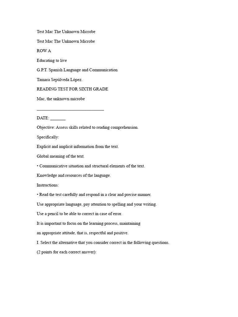 Test Mac The Unknown Microbe-2 | PDF | Reading Comprehension