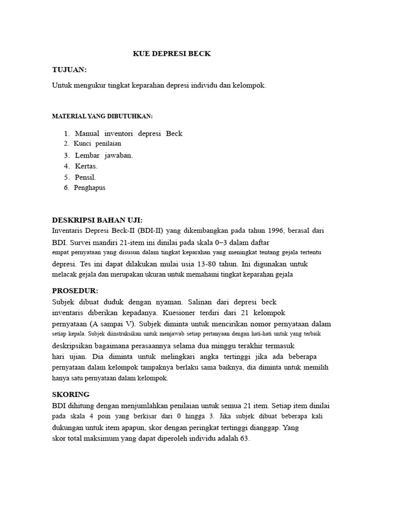 Skor dan Interpretasi BDI-II Depresi | PDF