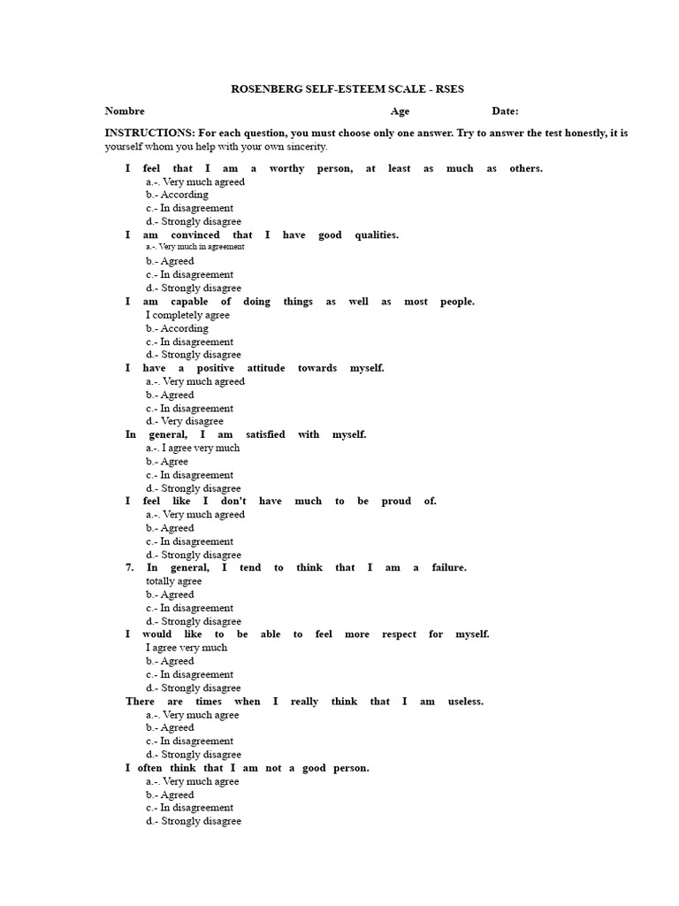 Rosenberg Self-Esteem Scale (RSES) Test | PDF | Self Esteem | Psychology