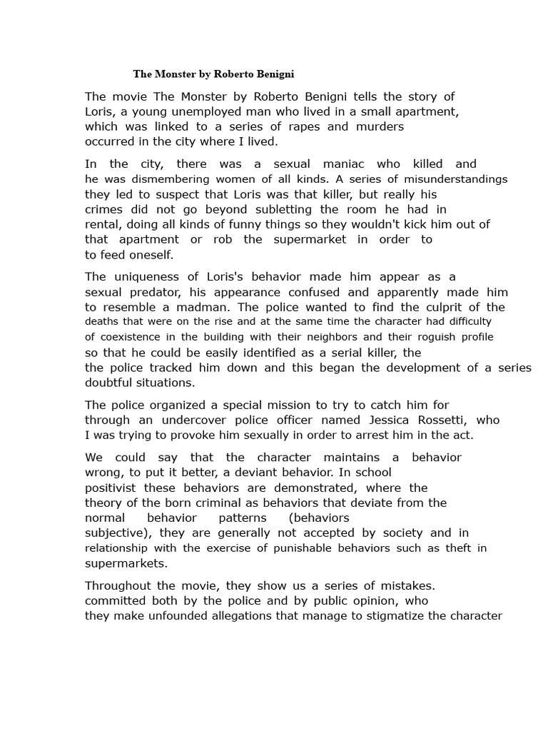 Essay On The Movie The Monster by Roberto Benigni | PDF | Crimes ...