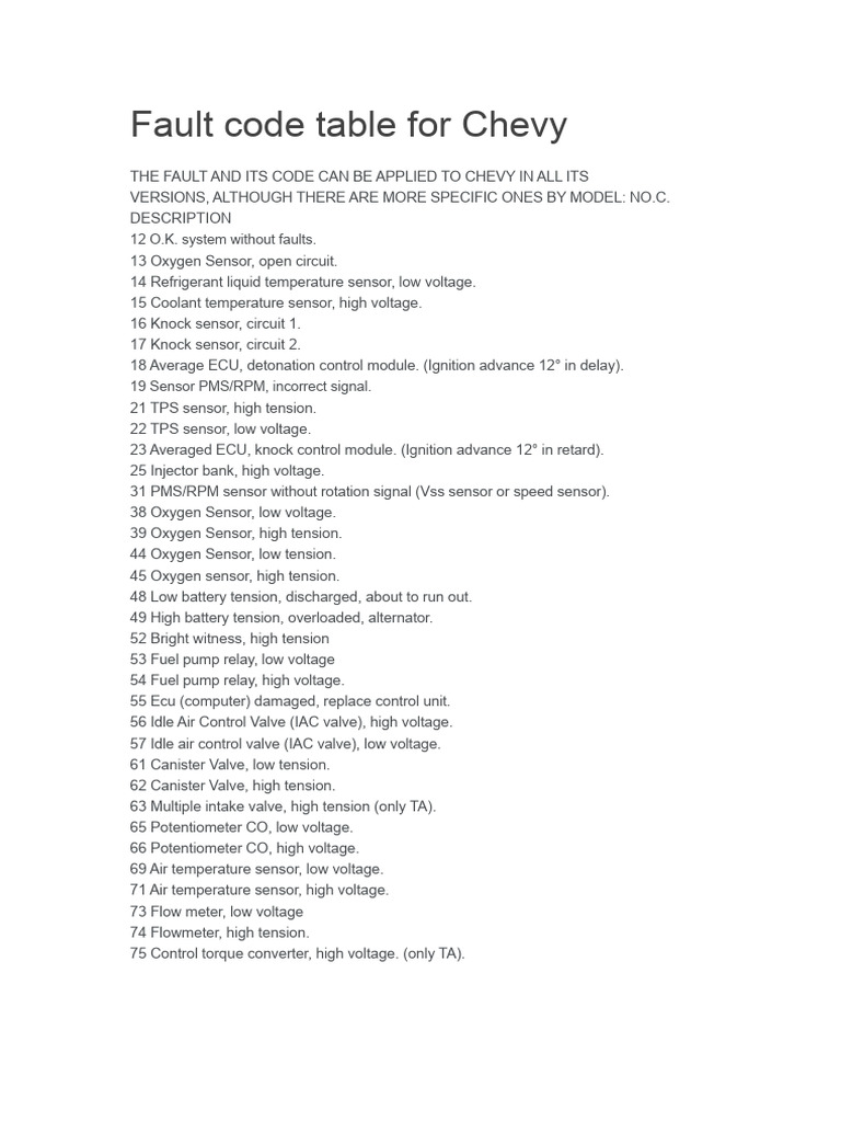 Failure Code Table For Chevy | PDF
