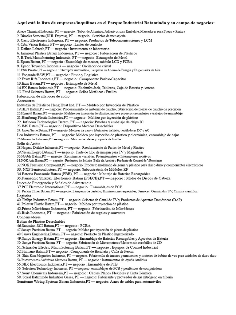 Batamindo Compañías | PDF | Electrónica | Electricidad