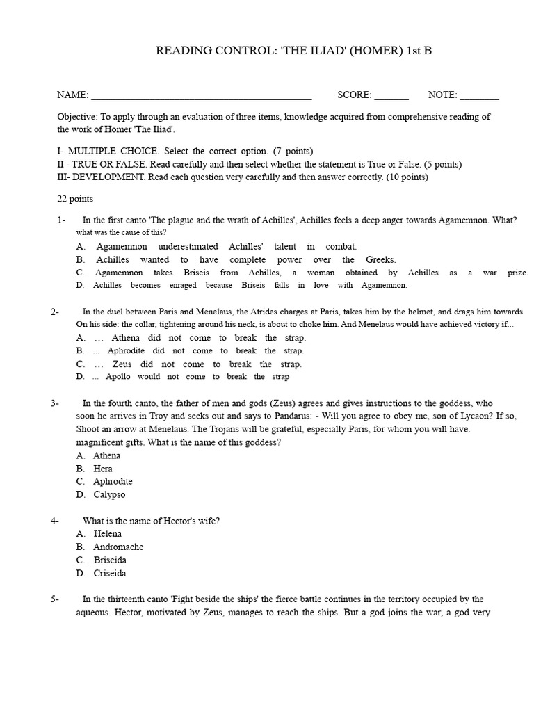 Iliad Reading Control Assessment | PDF | Hector | Trojan War